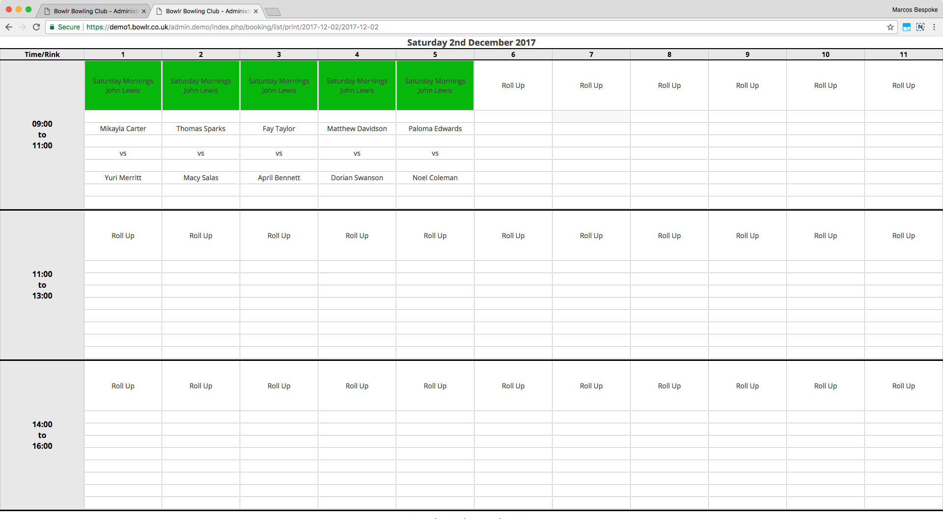Printing the Bookings Diary – Bowlr