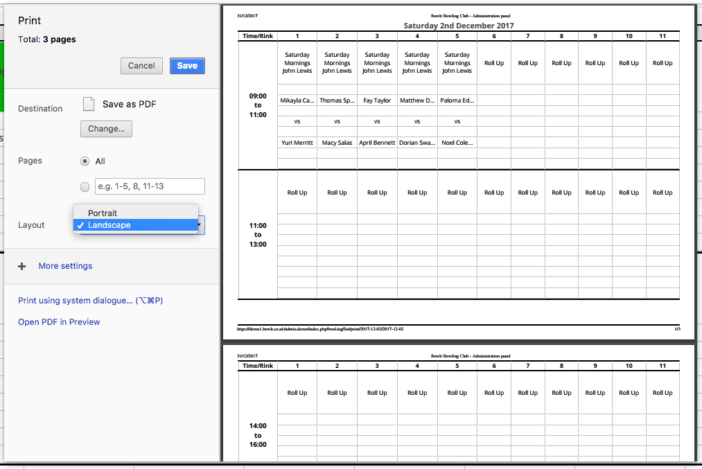 Printing the Bookings Diary – Bowlr